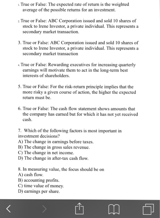 Solved .True or False: The expected rate of return is the | Chegg.com