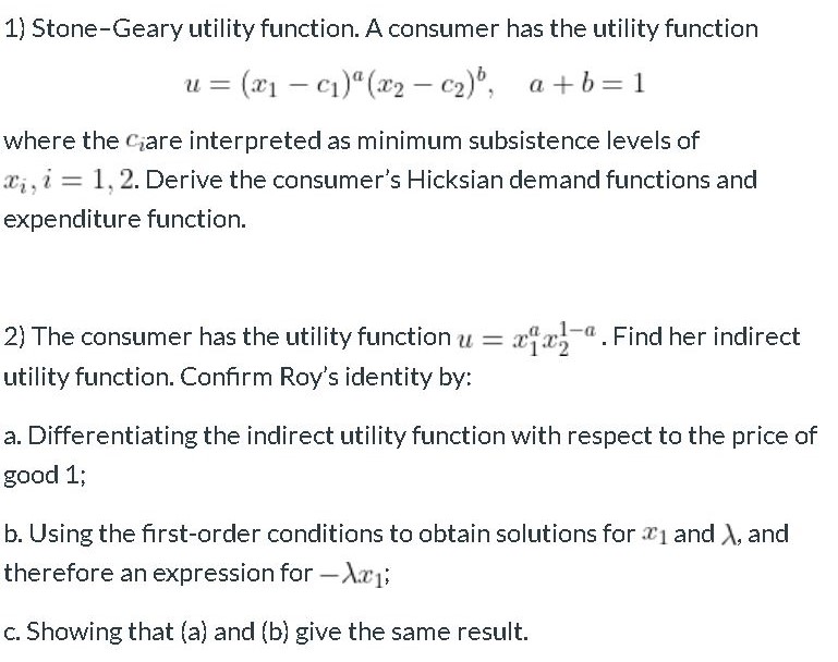 Solved Stone-Geary utility function. A consumer has the | Chegg.com