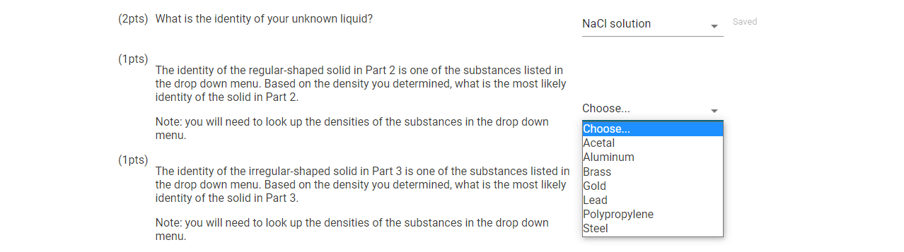 Solved (8pts) Part 1 - Density of Unknown Liquid Calculate | Chegg.com