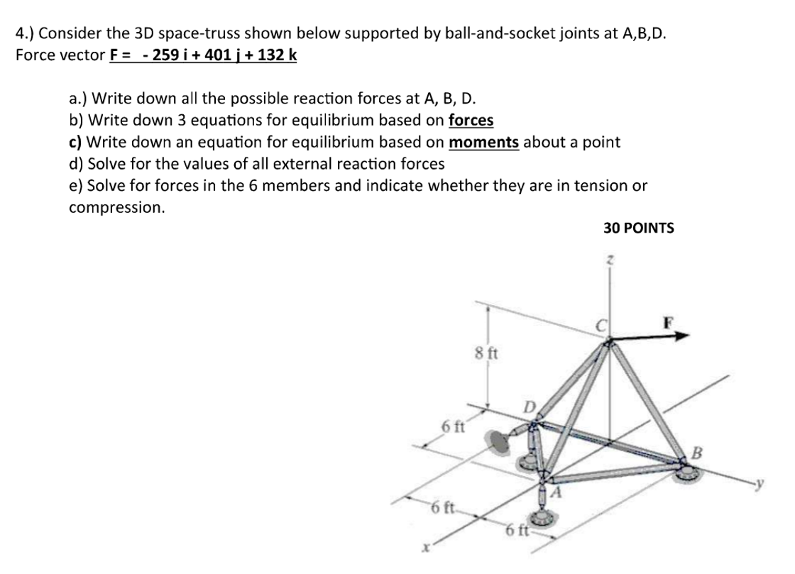 Solved 4.) Consider the 3D space-truss shown below supported | Chegg.com