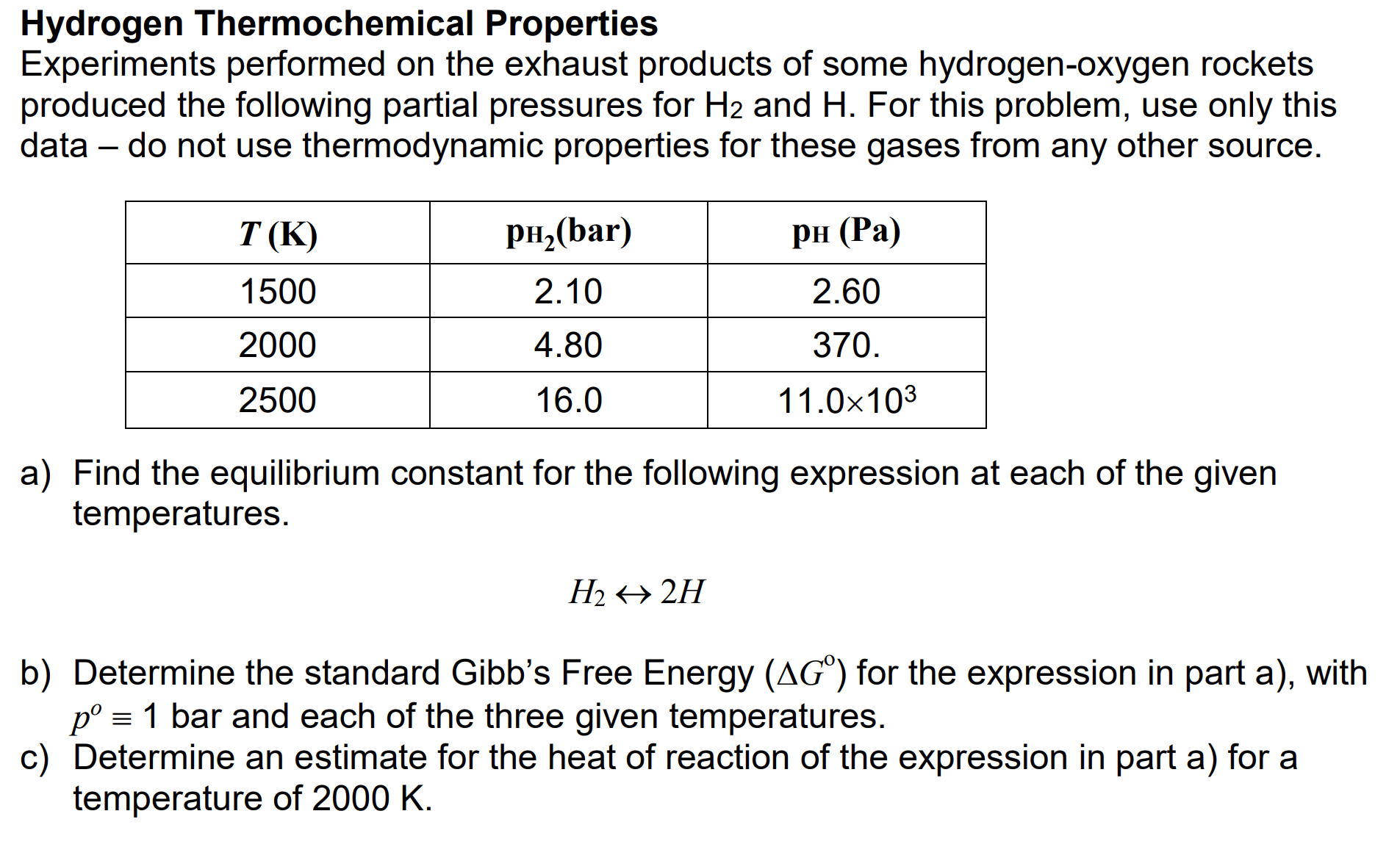 Solved Hydrogen Thermochemical Properties Experiments | Chegg.com