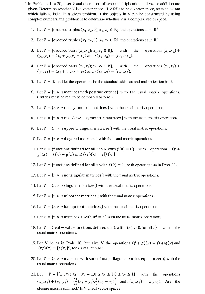 Solved 1.In Problems 1 to 20, a set V and operations of | Chegg.com
