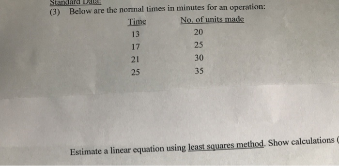 Solved Data Standard (3) Below are the normal times in | Chegg.com