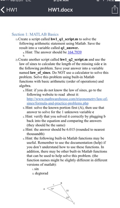 Solved HW1 HW1.docx Section 1: MATLAB Basics Create a script | Chegg.com
