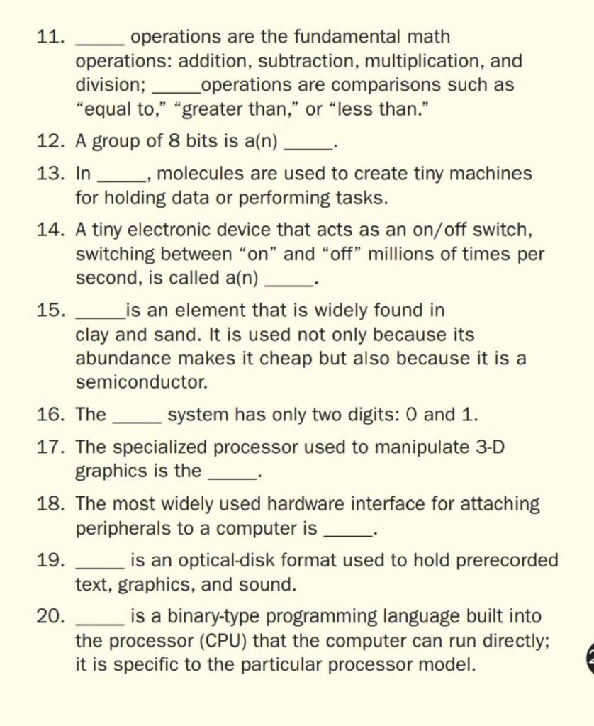 Solved 11. operations are the fundamental math operations: | Chegg.com