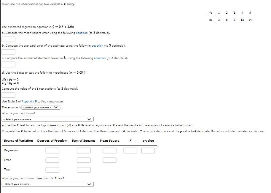 Solved Given are five observations for two variables, x and | Chegg.com