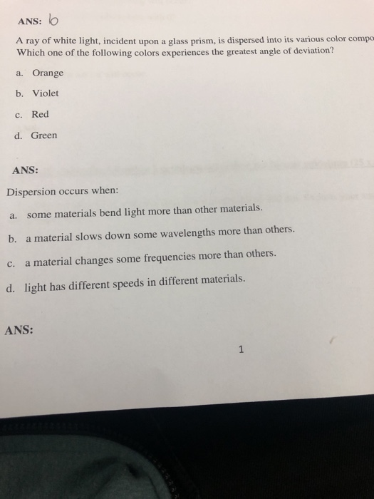 Solved ANS: A ray of white light, incident upon a glass | Chegg.com