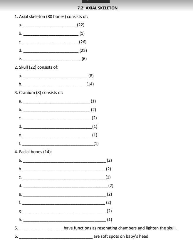 Solved 1. Axial skeleton ( 80 bones) consists of: a. (22) b. | Chegg.com