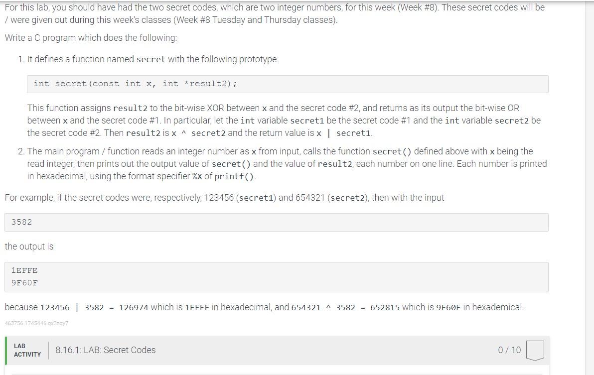 Solved For this lab, you should have had the two secret | Chegg.com