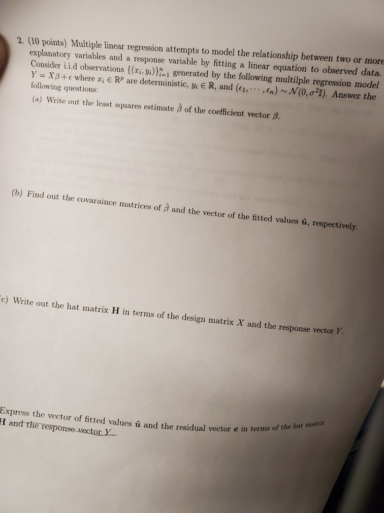 Solved 2. (10 points) Multiple linear regression attempts to | Chegg.com