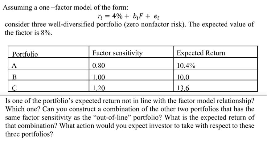 Solved Assuming a one-factor model of the form: ri=4%+biF+ei | Chegg.com