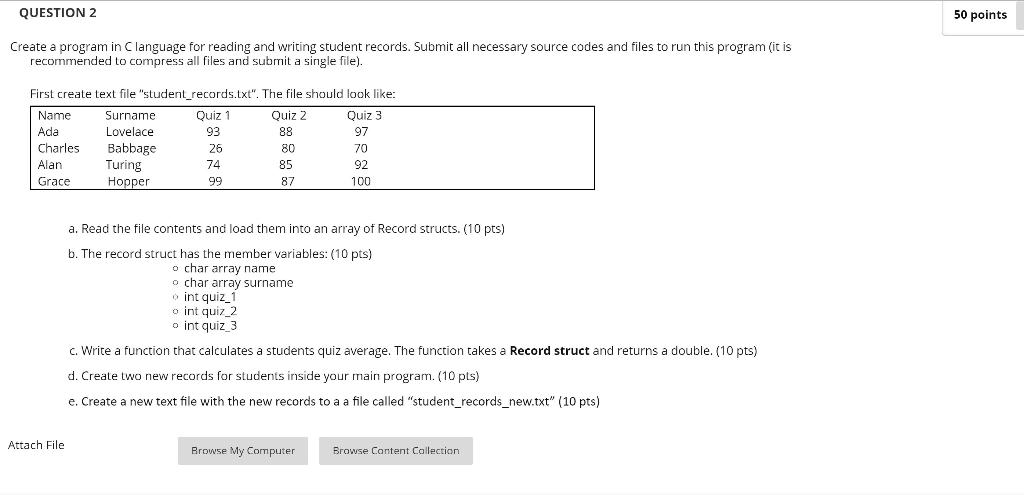 Solved Question 2 50 Points Create A Program In Clanguage 