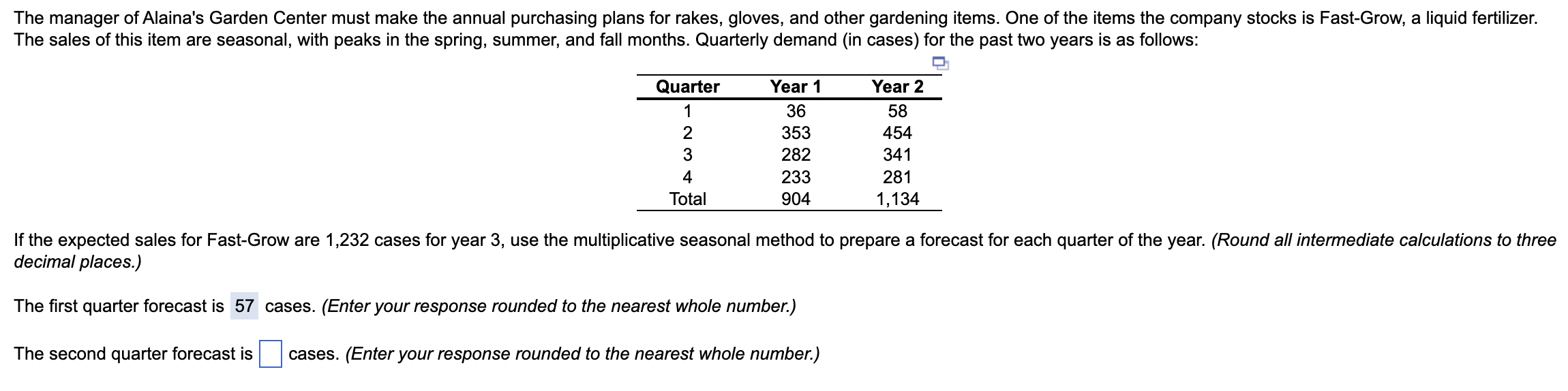 Solved If the expected sales for Fast-Grow are 1,232 cases | Chegg.com