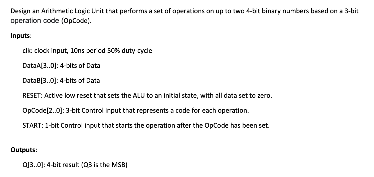 Design an Arithmetic Logic Unit that performs a set | Chegg.com