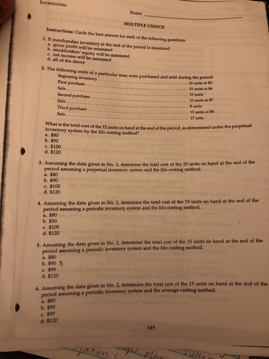 Solved Inventories Name MULTIPLE CHOICE Instructions Circle Chegg