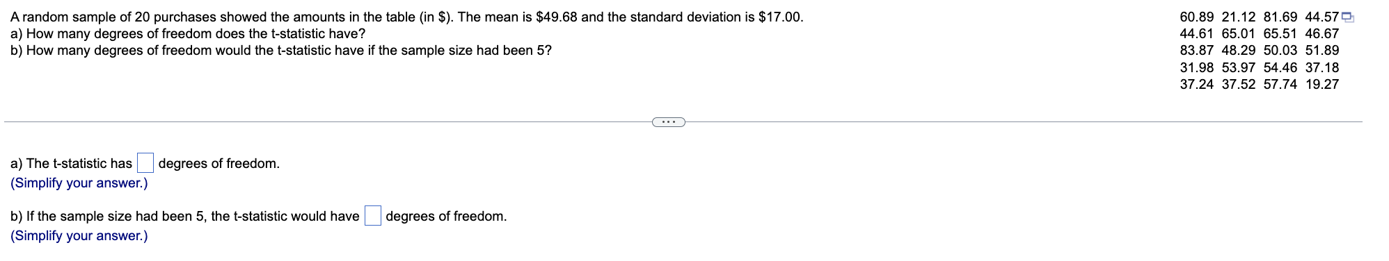 Solved A random sample of 20 purchases showed the amounts in | Chegg.com