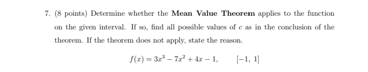 Solved 7. (8 points) Determine whether the Mean Value | Chegg.com