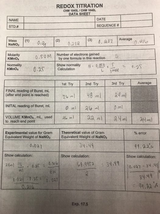 Solved REDOX TITRATION CHM 1045L/CHM 1046L DATA SHEET NAME | Chegg.com