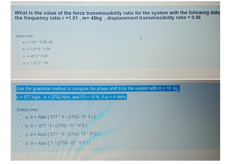 Solved What is the value of the force transmissibility ratio | Chegg.com