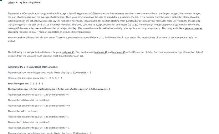 Solved Lab 6-Array Searching Game Please write a C++ | Chegg.com
