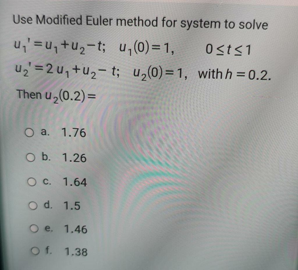 Solved Use Modified Euler method for system to solve u,' = | Chegg.com