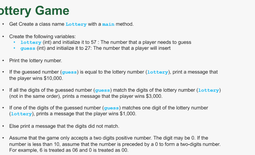 Solved ottery Game Get Create a class name Lottery with a | Chegg.com