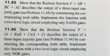 Solved 11.45 Show that the Boolean function F - AB + BC + AC | Chegg.com
