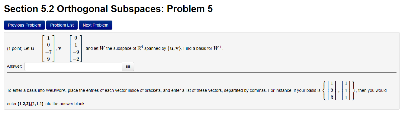 Solved Section 5.2 Orthogonal Subspaces: Problem 5 Previous | Chegg.com