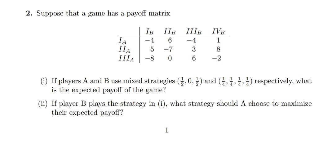 Solved Suppose that a game has a payoff matrix(i) ﻿If | Chegg.com