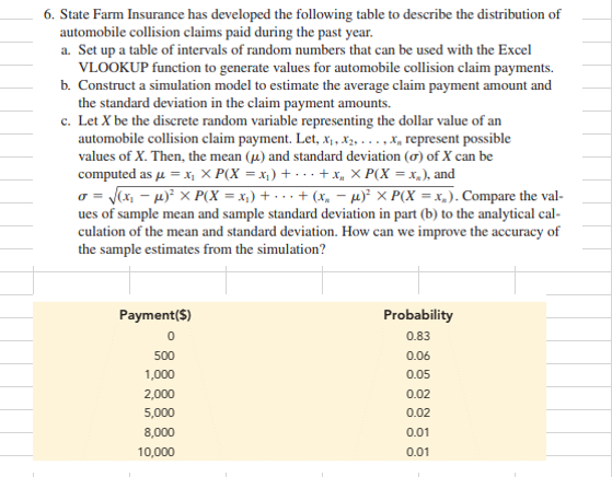 Solved 6. State Farm Insurance has developed the following | Chegg.com