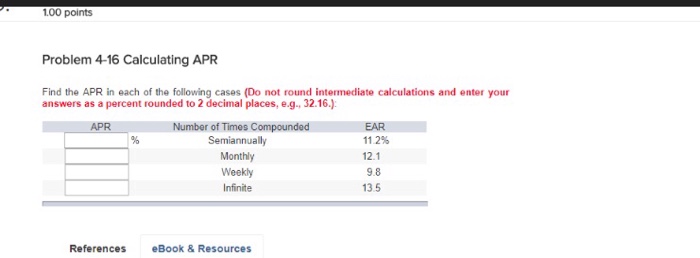 Solved 1.00 points Problem 4-16 Calculating APR Find the APR | Chegg.com
