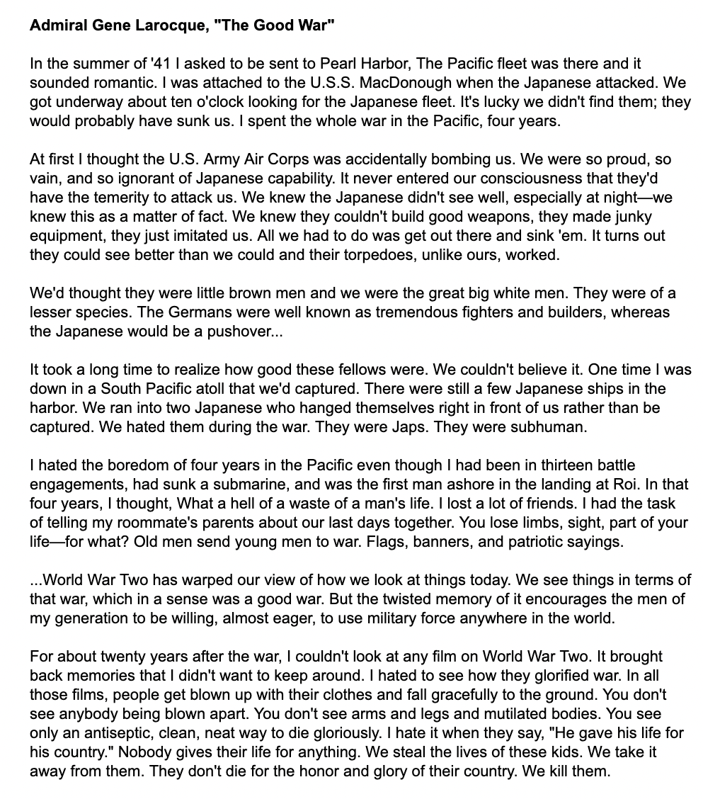 Solved Admiral Gene Larocque, "The Good War" In the summer | Chegg.com