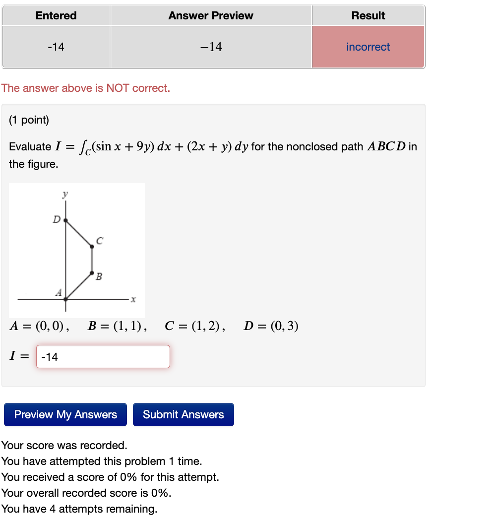 Solved The answer above is NOT correct. (1 point) Evaluate | Chegg.com