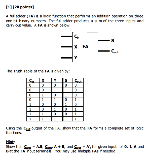 Solved [1] [20 points] A full adder (FA) is a logic function | Chegg.com