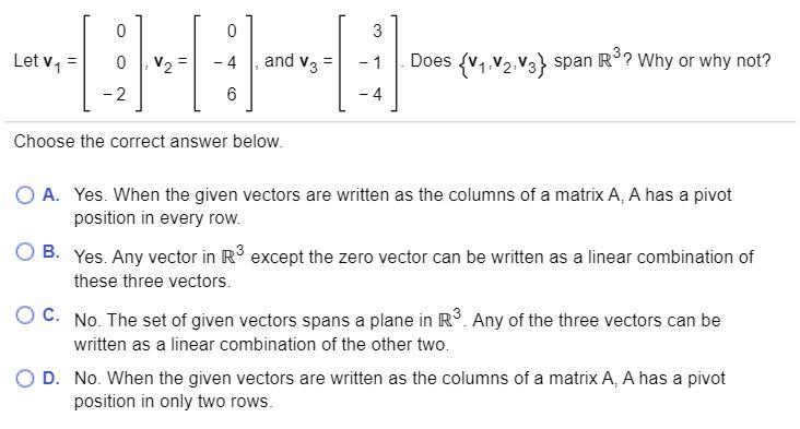 Solved 0 0 3 Let V1 0 V2 4 and V3 -1 Does {V1, V2, V3} span | Chegg.com