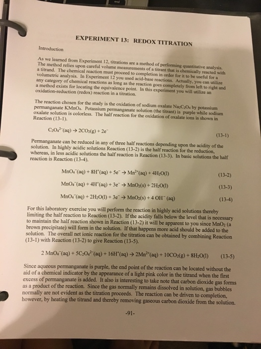 Solved Redox Titration Prelaberatory Assignment Name and | Chegg.com