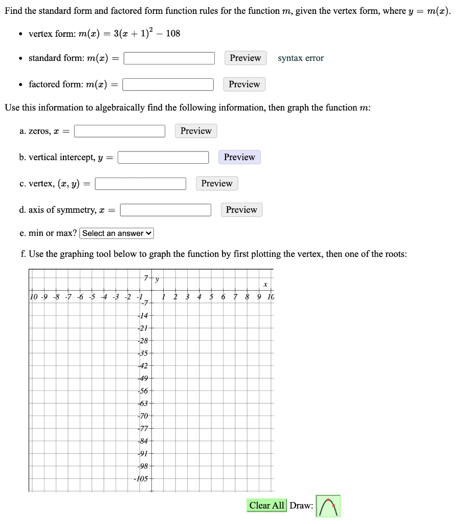 Solved Find the standard form and factored form function | Chegg.com