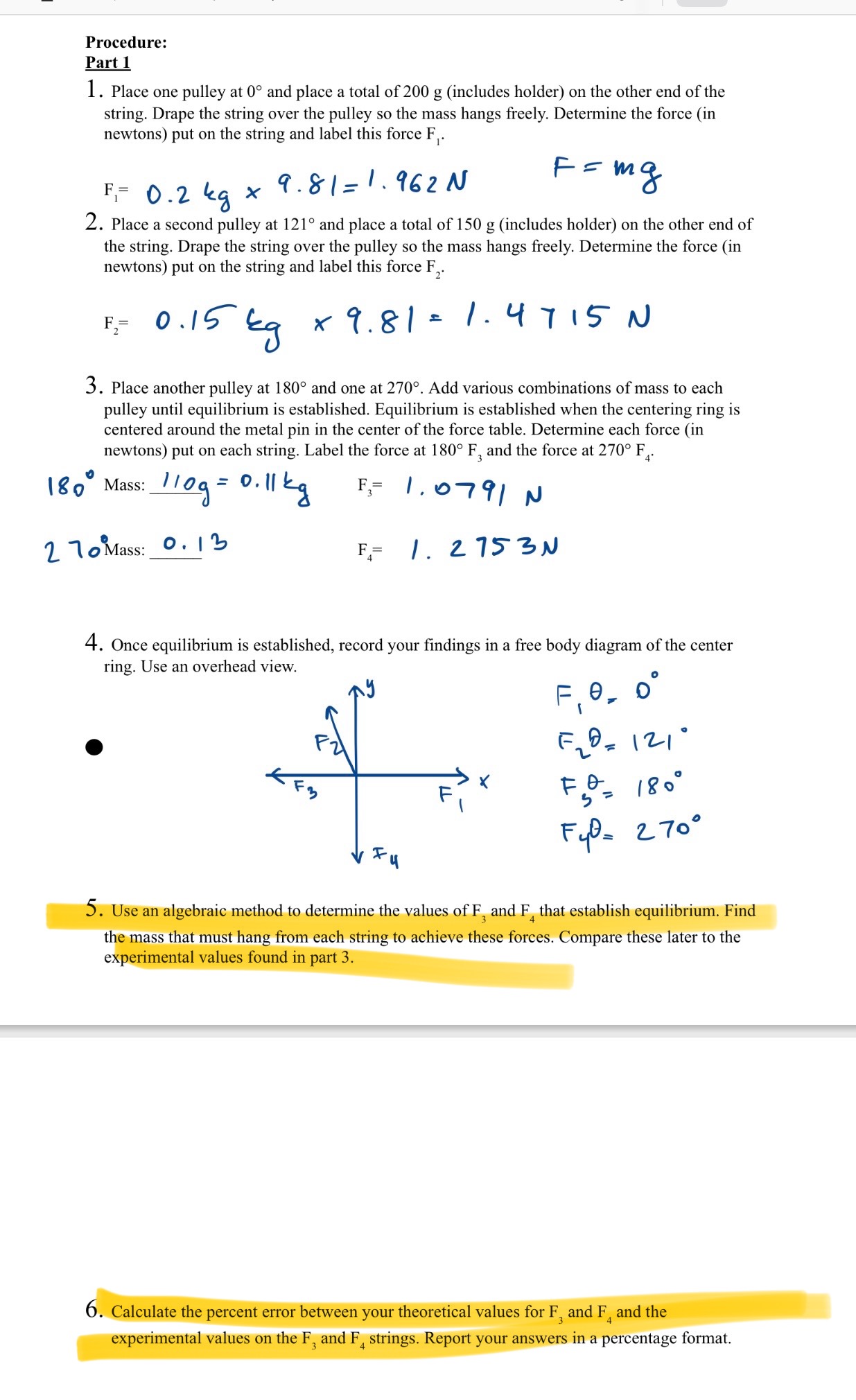 Solved Procedure: Part 1 1. Place one pulley at 0∘ and | Chegg.com