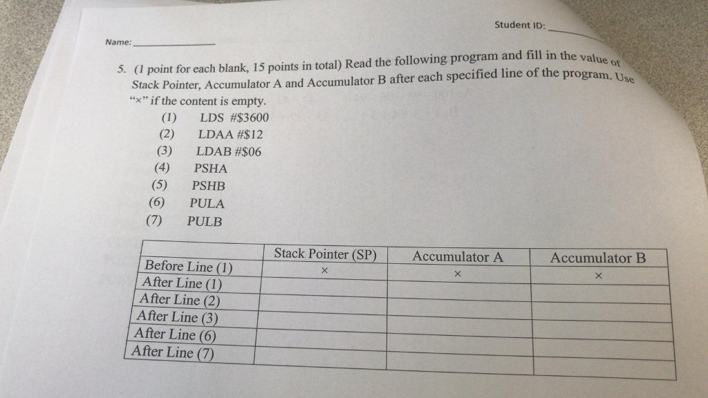 Solved Student ID: Name: of Stack Pointer, Accumulator A and | Chegg.com
