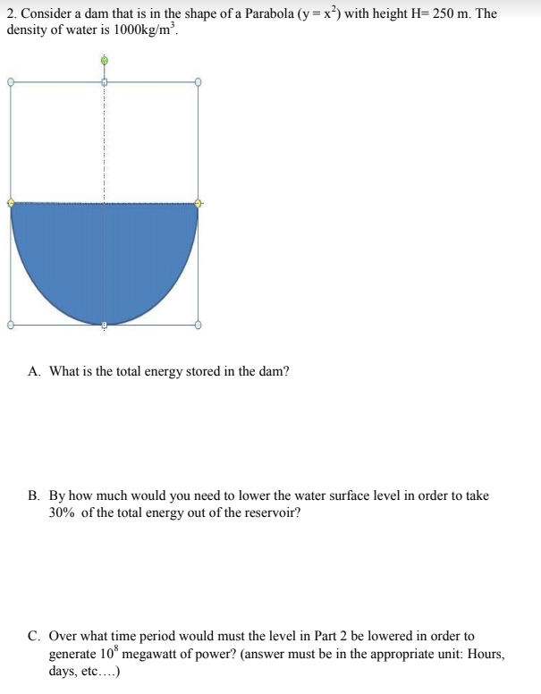 Solved 2. Consider a dam that is in the shape of a Parabola | Chegg.com