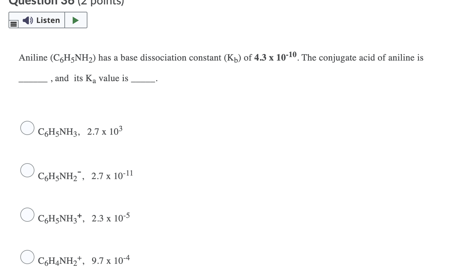 Solved Listen Aniline (C6H5NH2) has a base dissociation | Chegg.com