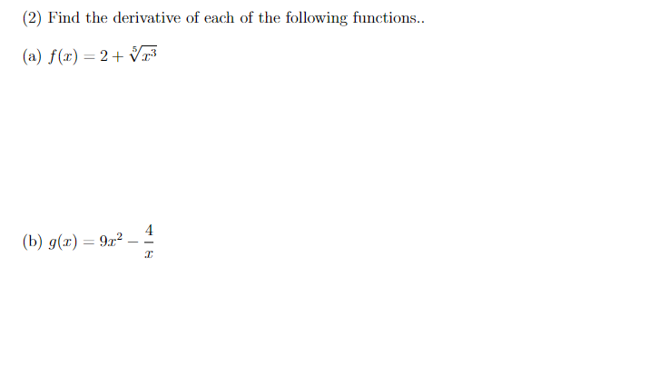 Solved (2) Find the derivative of each of the following | Chegg.com