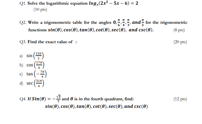 Solved Q1. Solve the logarithmic equation log (2x2 – 5x – 6) | Chegg.com
