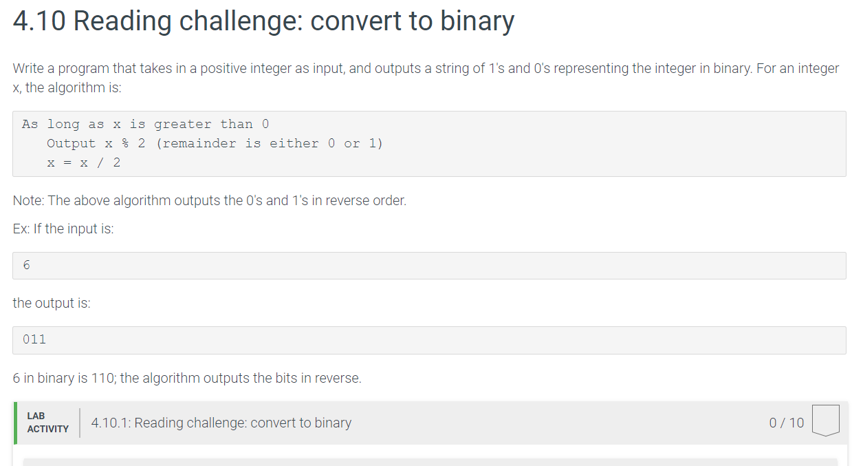 Solved: 4.10 Reading Challenge: Convert To Binary Write A ... | Chegg.com