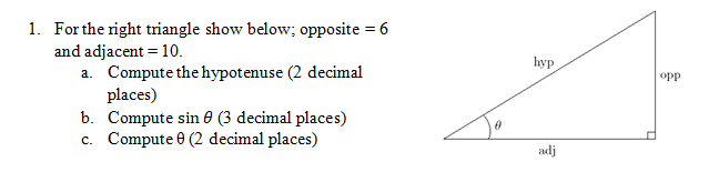 Solved hyp 1. For the right triangle show below, opposite = | Chegg.com