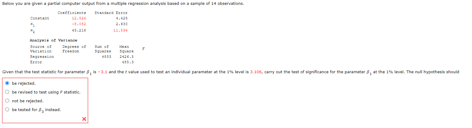 Solved Below you are given a partial computer output from a | Chegg.com