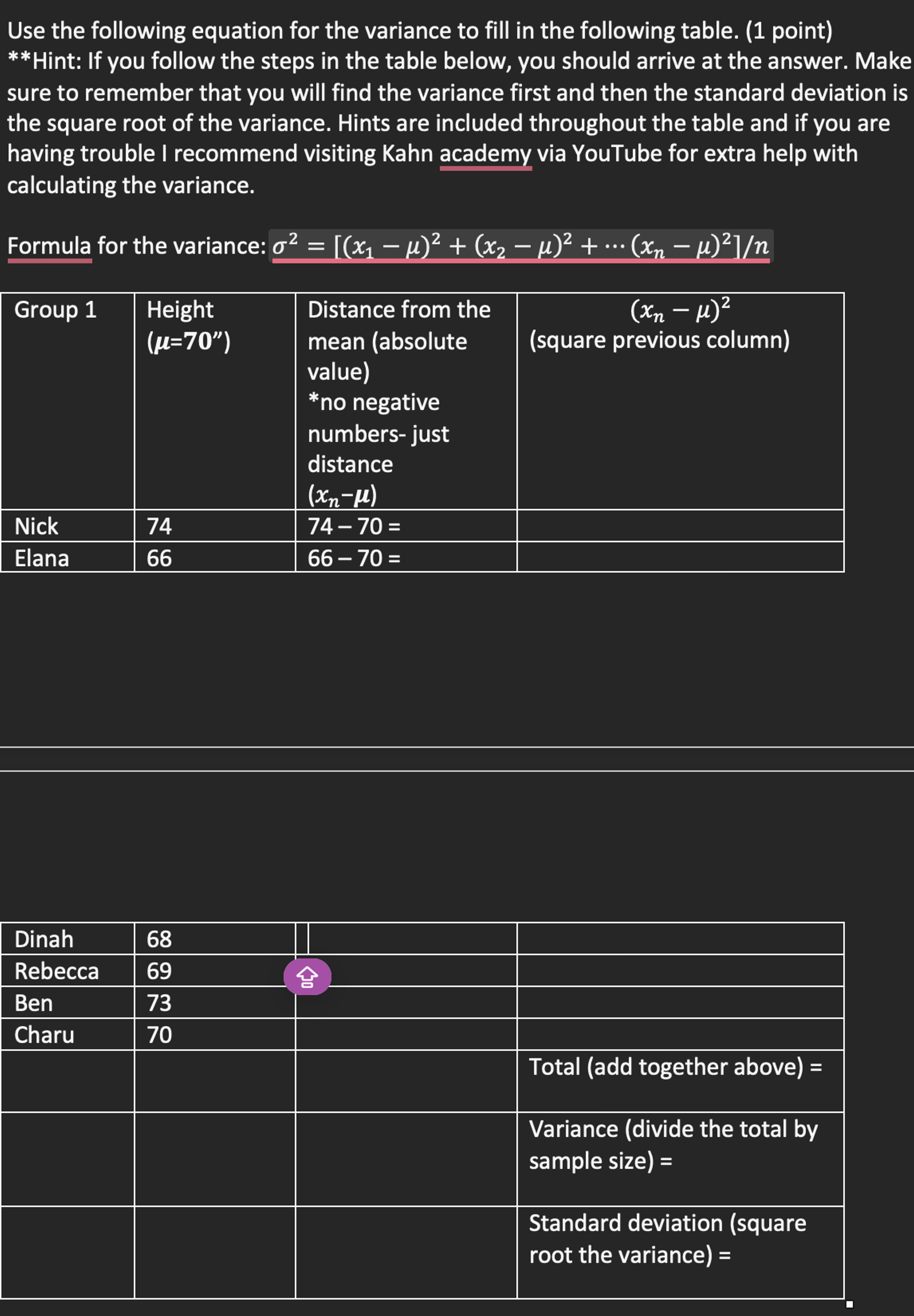 Solved Use the following equation for the variance to fill | Chegg.com