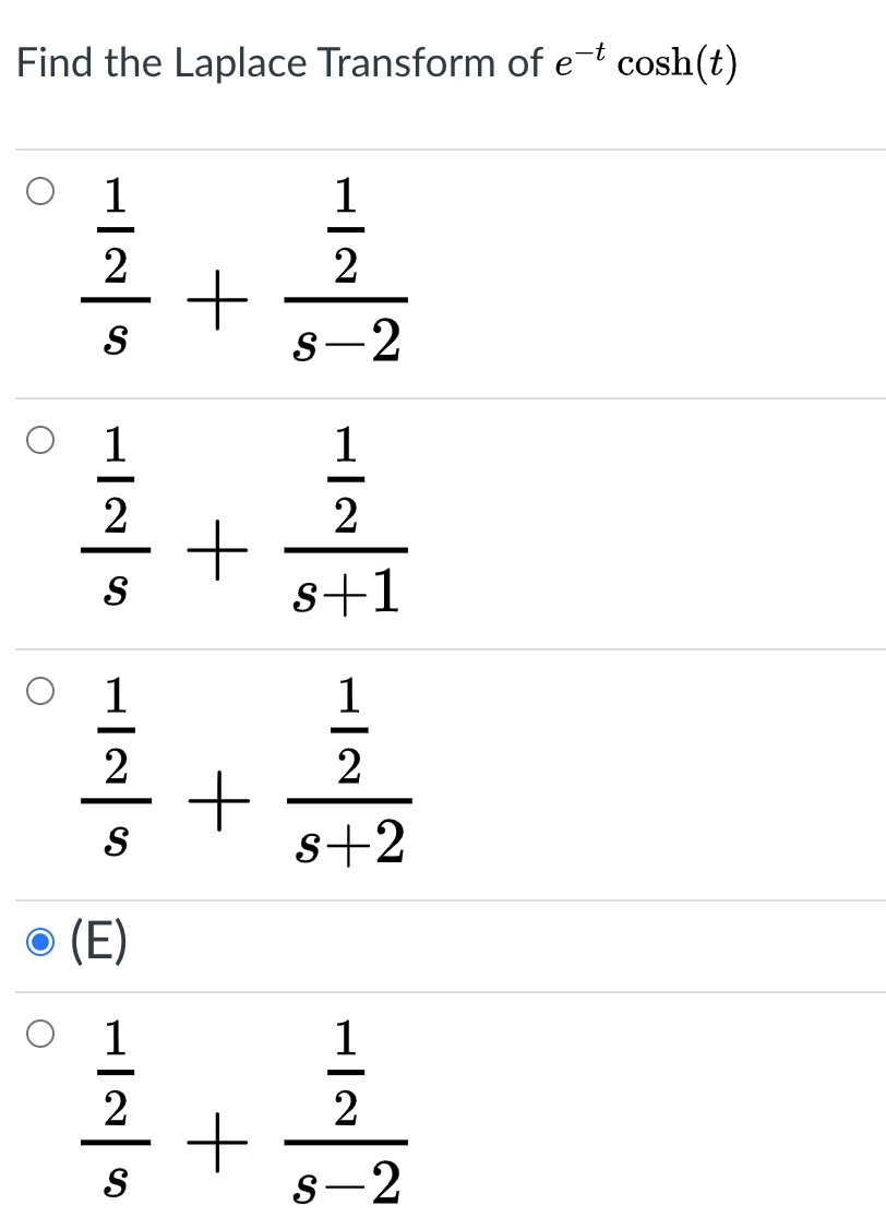 Solved Find the Laplace Transform of e-t cosh(t) O + 11.17 1 | Chegg.com