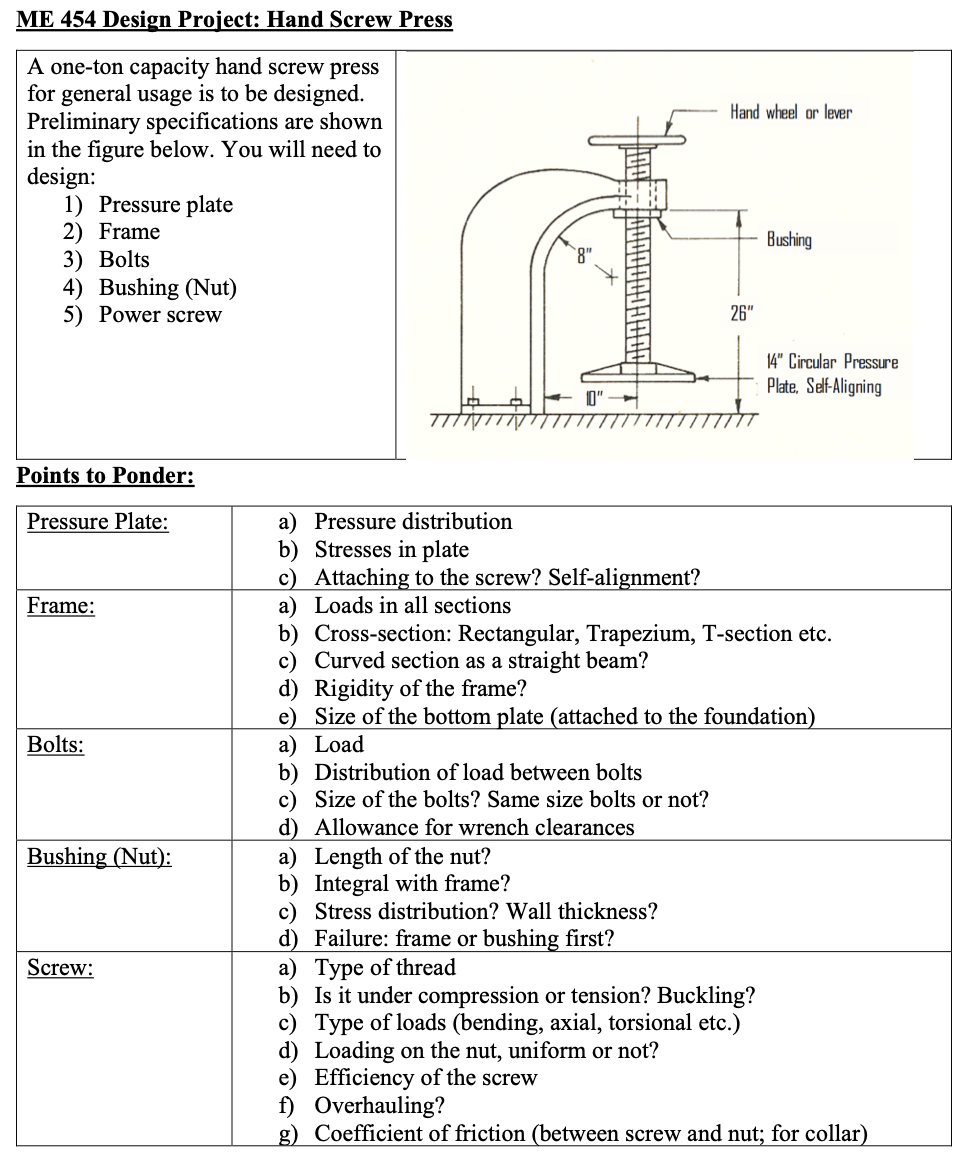 ME 454 Design Project: Hand Screw Press Hand wheel or | Chegg.com