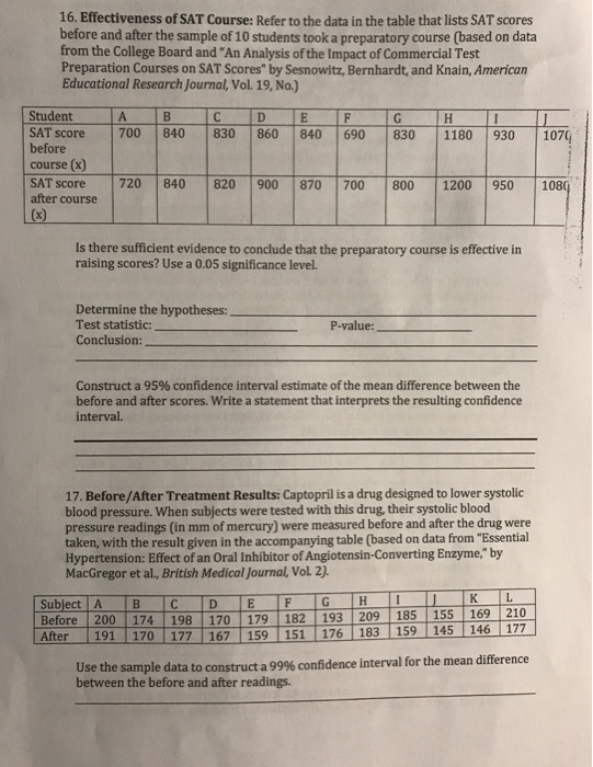 Solved 16. Effectiveness of SAT Course: Refer to the data in | Chegg.com